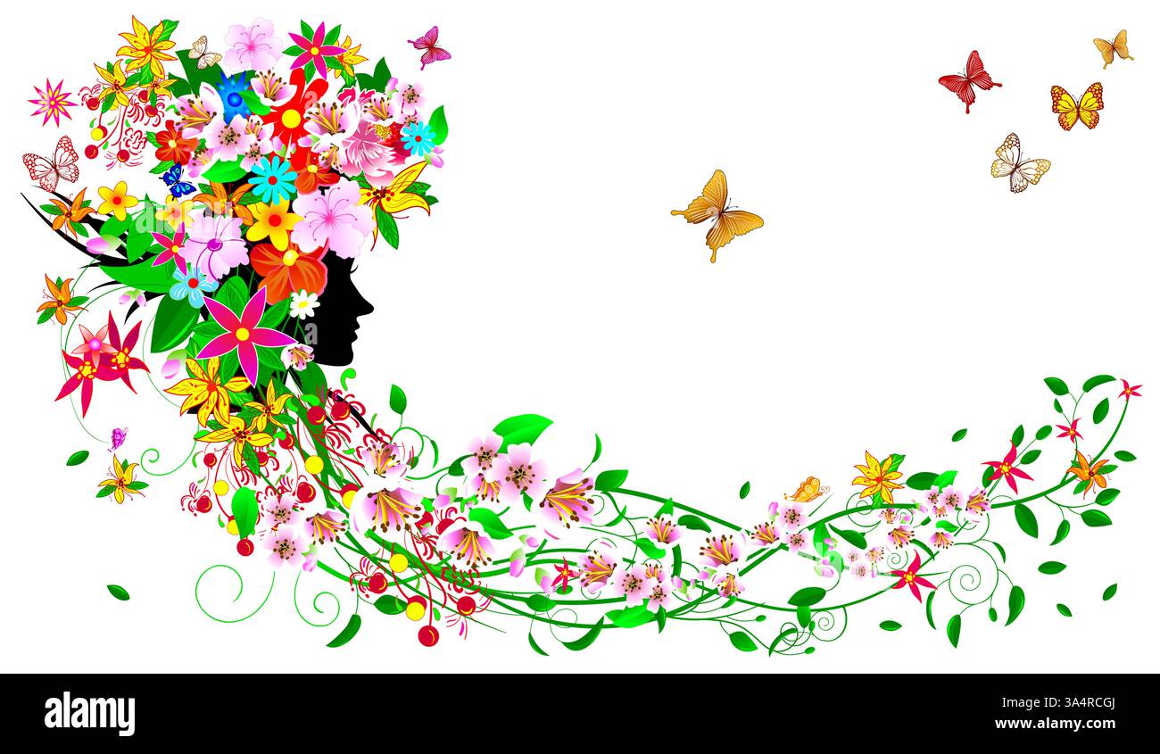 Silhouette of a woman's face among flowers and butterflies. Girl with ...
