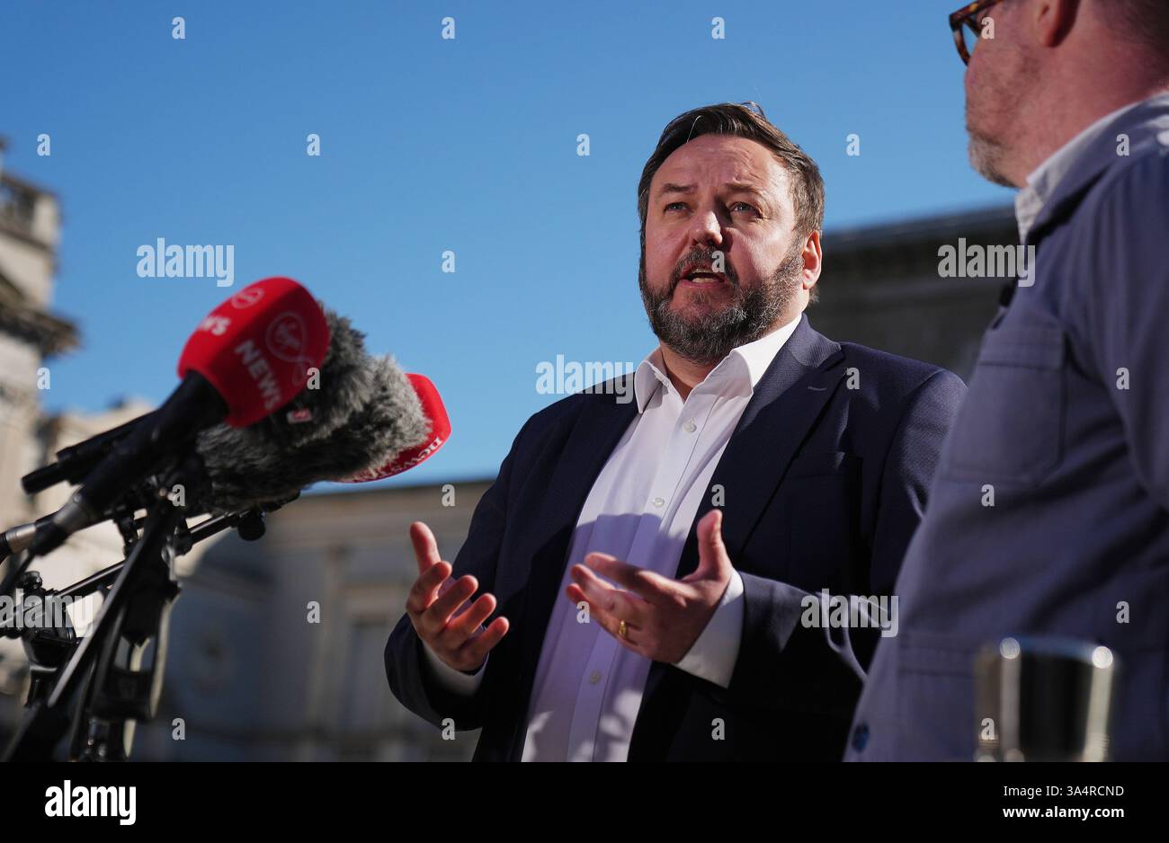 Sinn Fein's Padraig Mac Lochlainn speaking to media at Leinster House ...