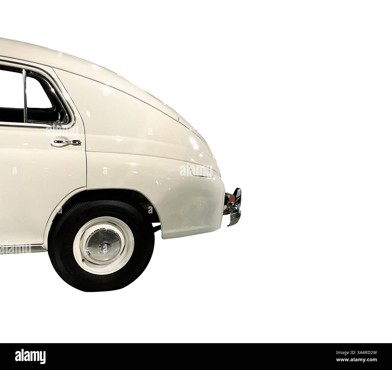 A detailed view of the rear of a vintage car with streamlined design ...