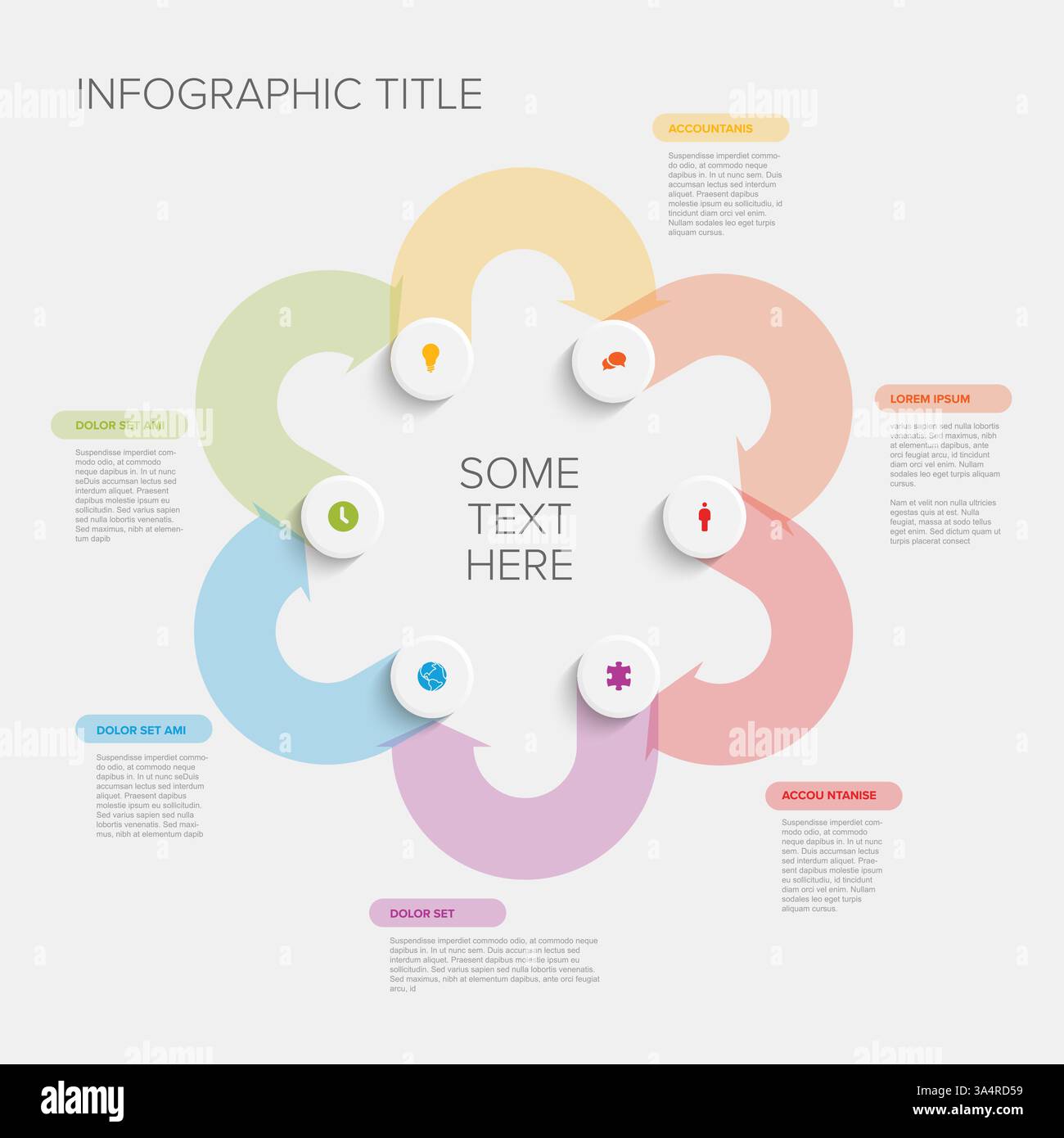 A vibrant circular infographic with six segments, each featuring an ...