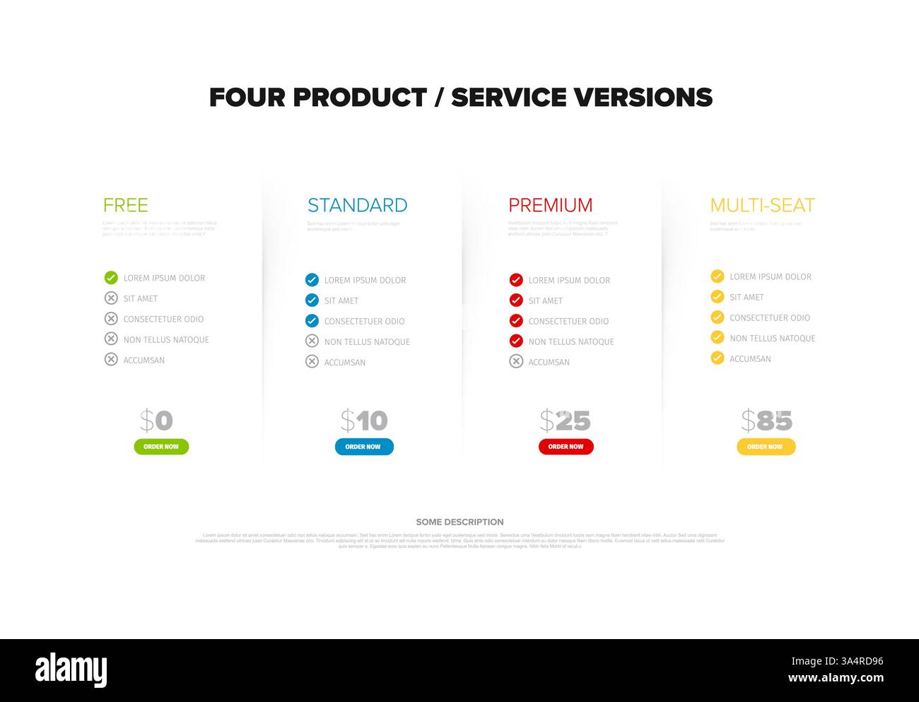 A modern pricing table showcasing four product or service options: Free ...