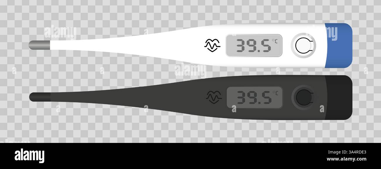 Digital thermometer set. Two electronic medical thermometers, one white ...