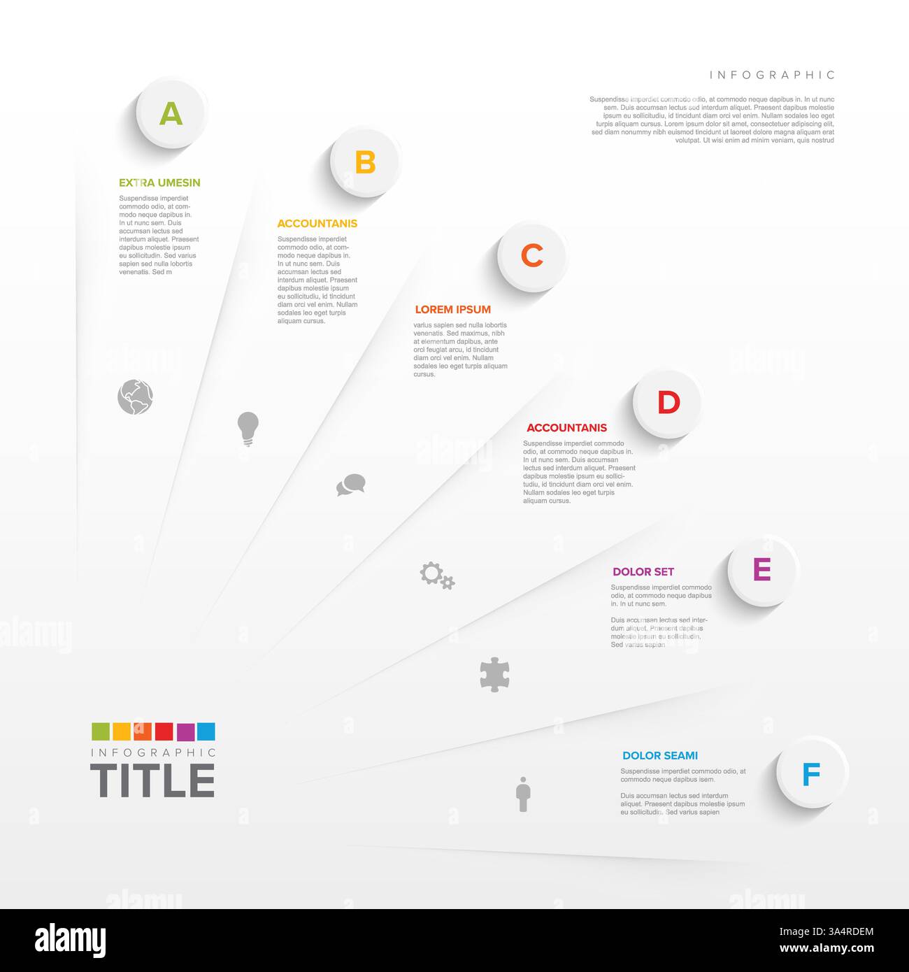 A clean and modern infographic template featuring six sections marked A ...