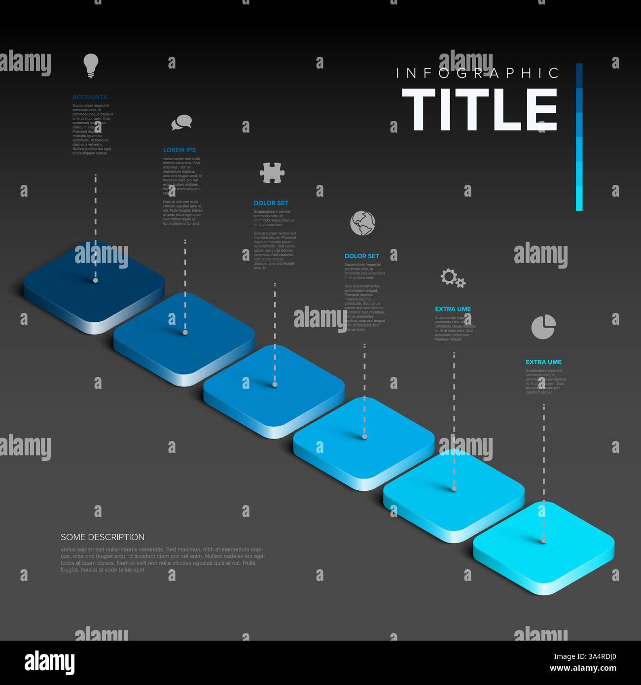 A modern infographic with six blue gradient blocks in progression and ...