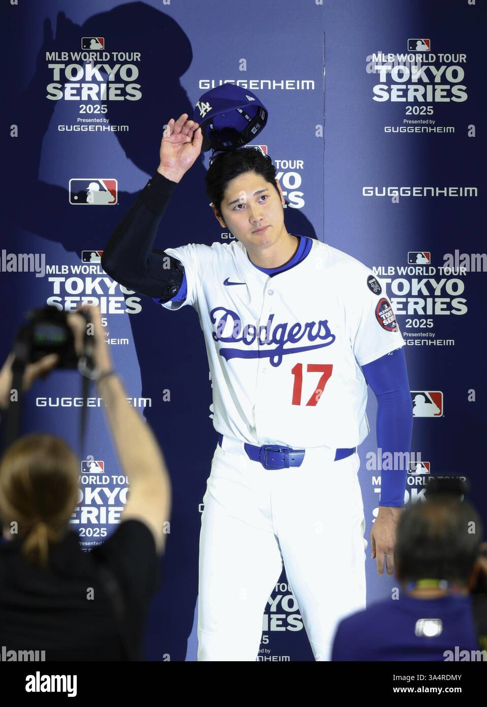 Los Angeles Dodgers designated hitter Shohei Ohtani waves to the crowd ...
