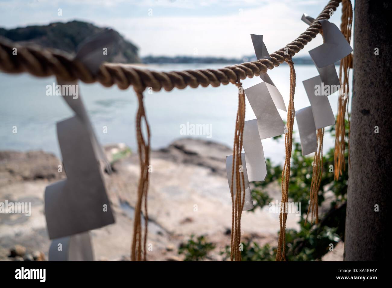 Zigzag-shaped paper streamers called shide hanged at Japanese shrines ...