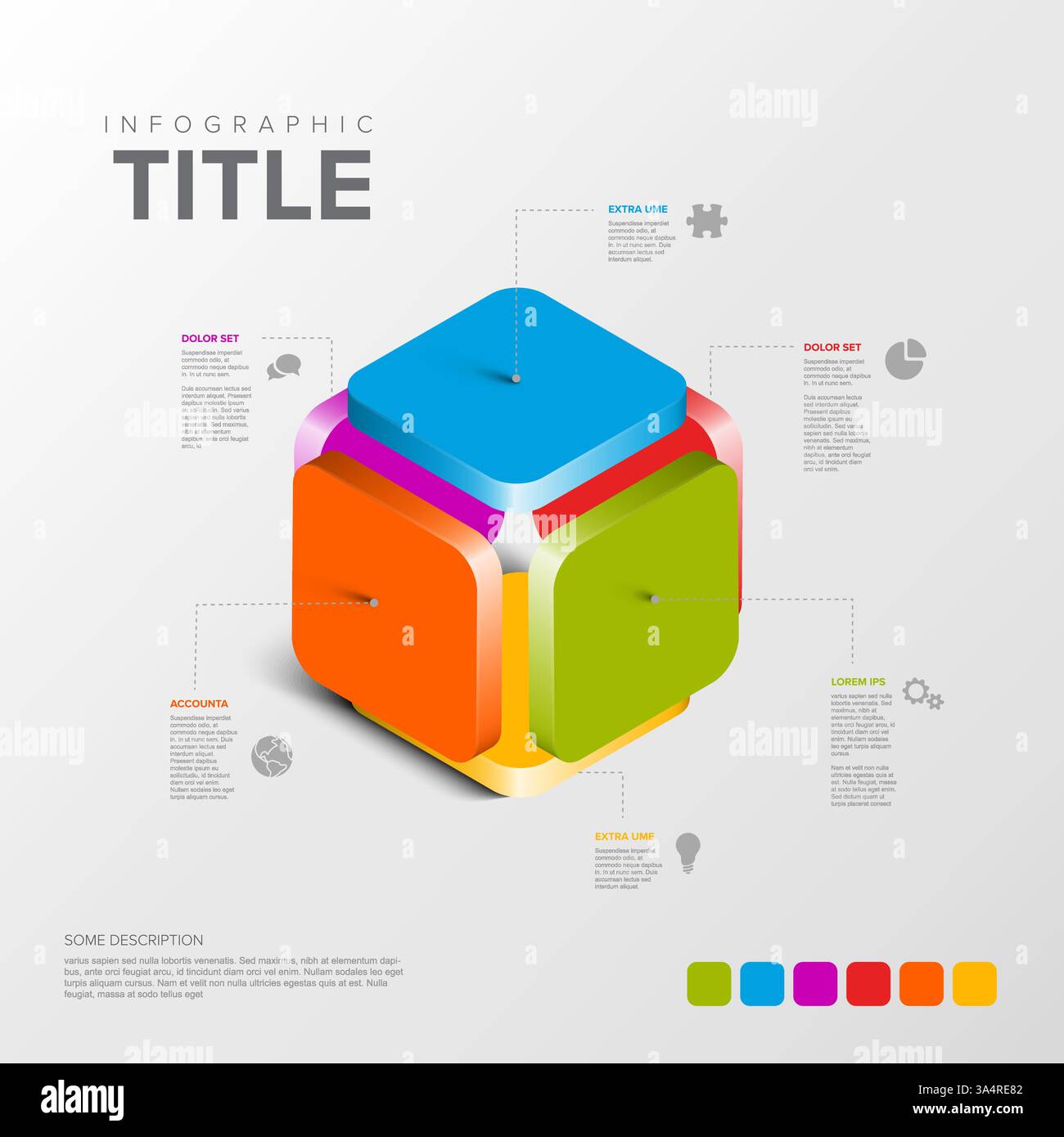 A 3D colorful infographic cube with segmented blue, orange, green, and ...