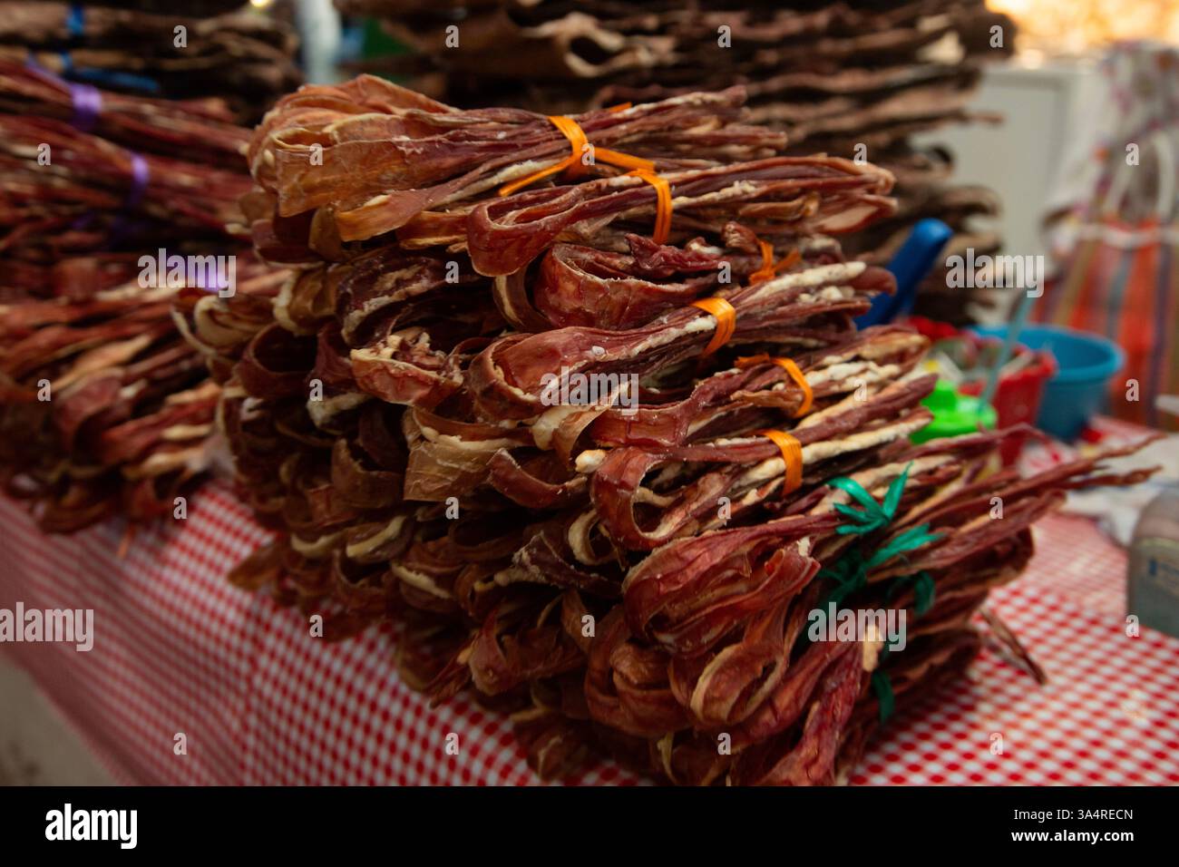 Air-dried beef tripe at a meat stand in the Atlixco market in Mexico ...