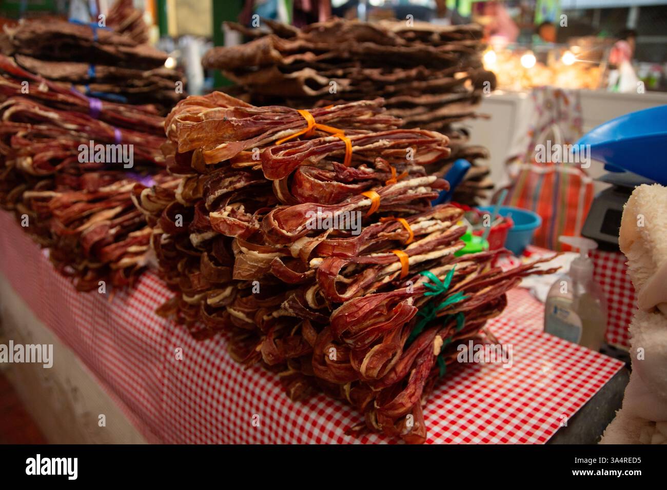 Air-dried beef tripe at a meat stand in the Atlixco market in Mexico ...