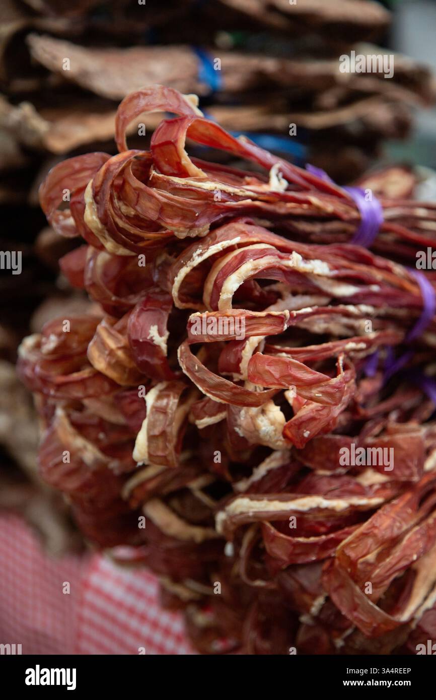 Air-dried beef tripe at a meat stand in the Atlixco market in Mexico ...