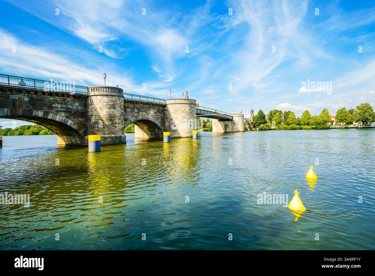 View of the Main and the Old Main Bridge in Kitzingen. Medieval stone ...