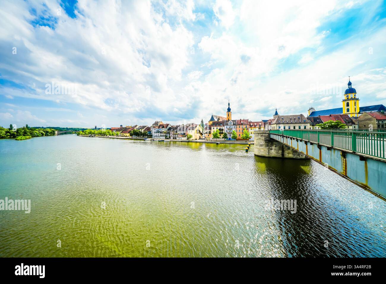 View of the Main and the Old Main Bridge in Kitzingen. Medieval stone ...