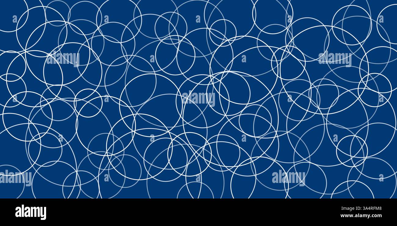 A deep blue background features overlapping white circles, forming a dynamic and modern abstract ...