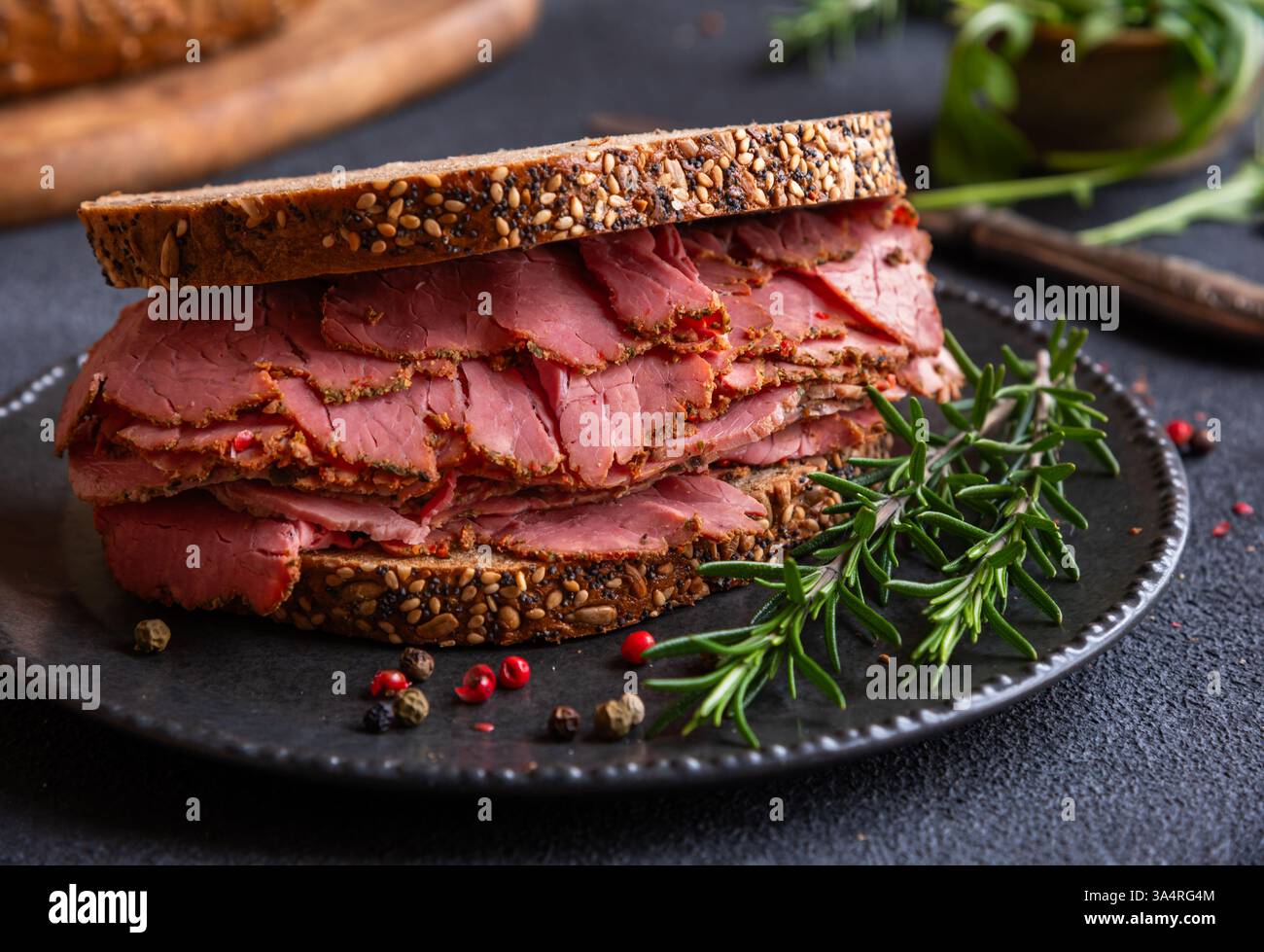 Pastrami sandwitch, sliced pastrami meat with bread Stock Photo - Alamy