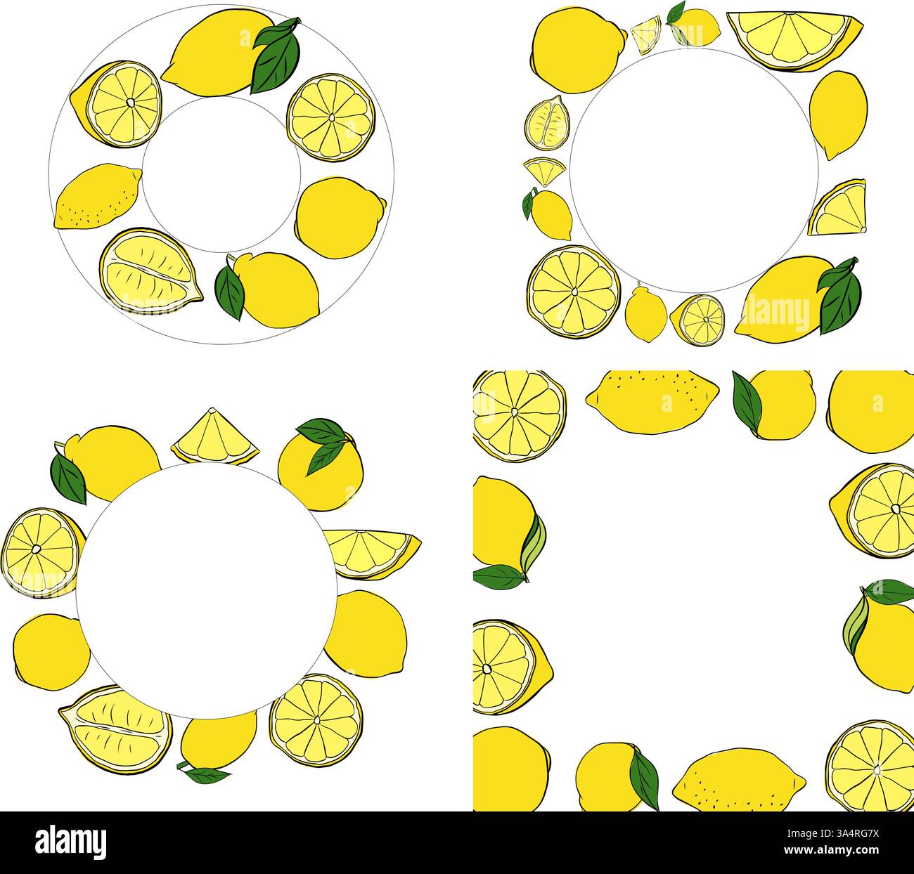 Lemons square and circle round frame set. Vector graphic line ink ...