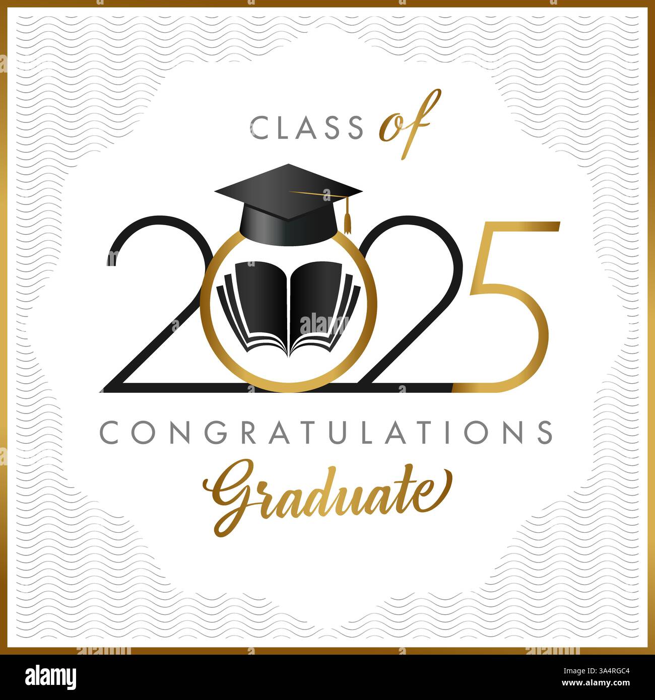 Class of 2025 congratulations graduate. Document backdrop, golden frame ...
