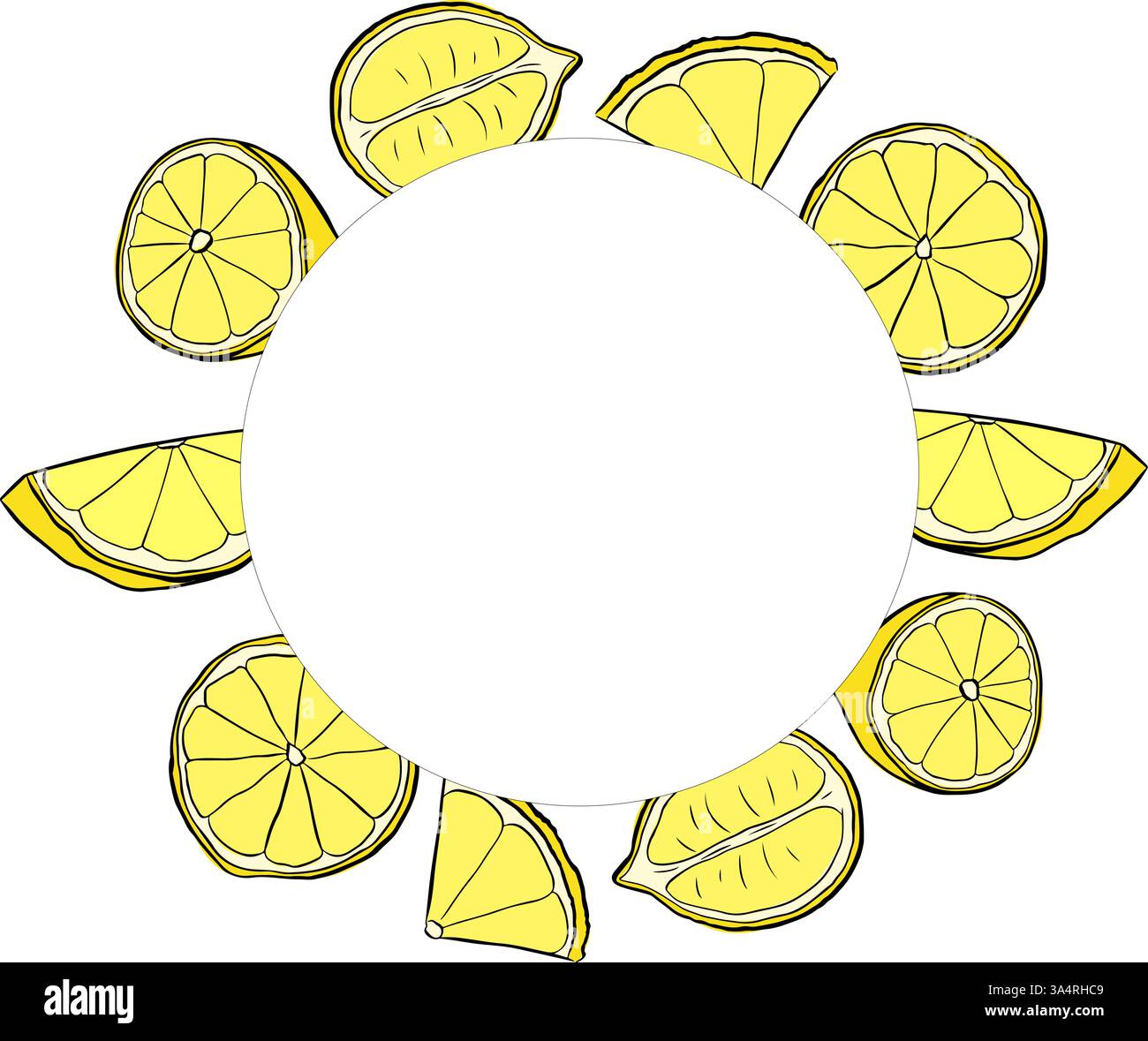 Lemon slice circle round frame fruit hand drawn design. Vector graphic ...