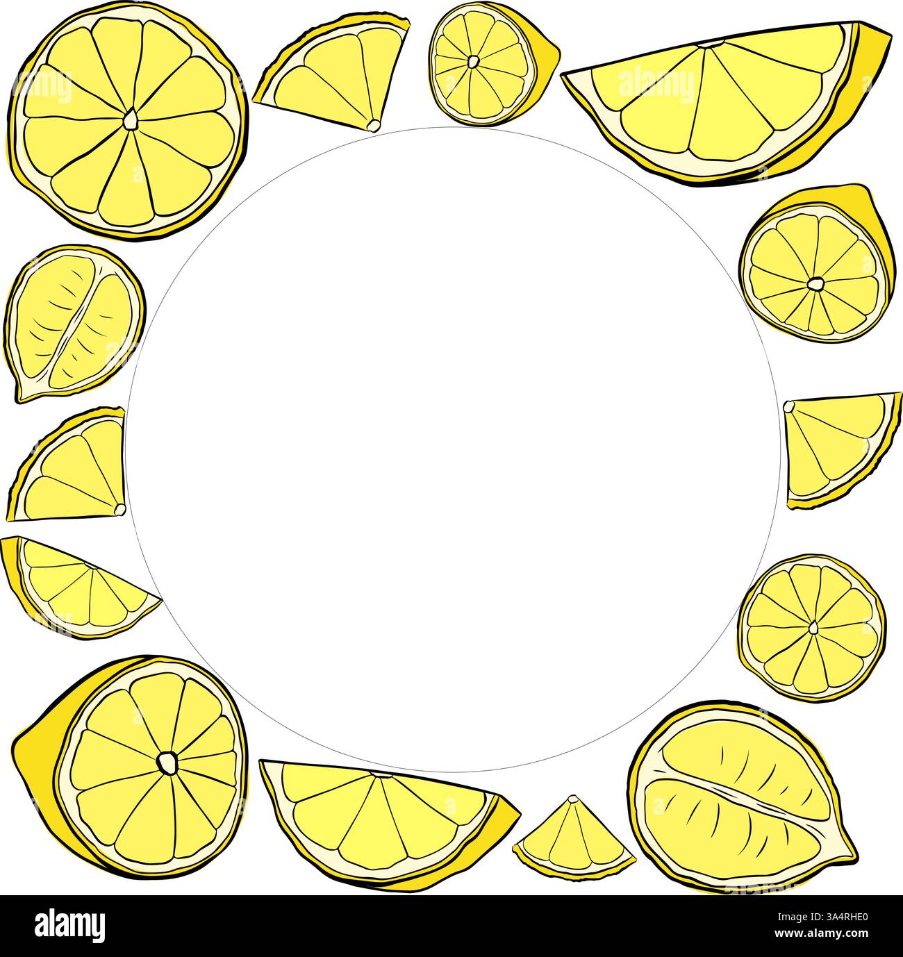 Lemon slice square frame. Vector bright yellow graphic line ink lemon ...