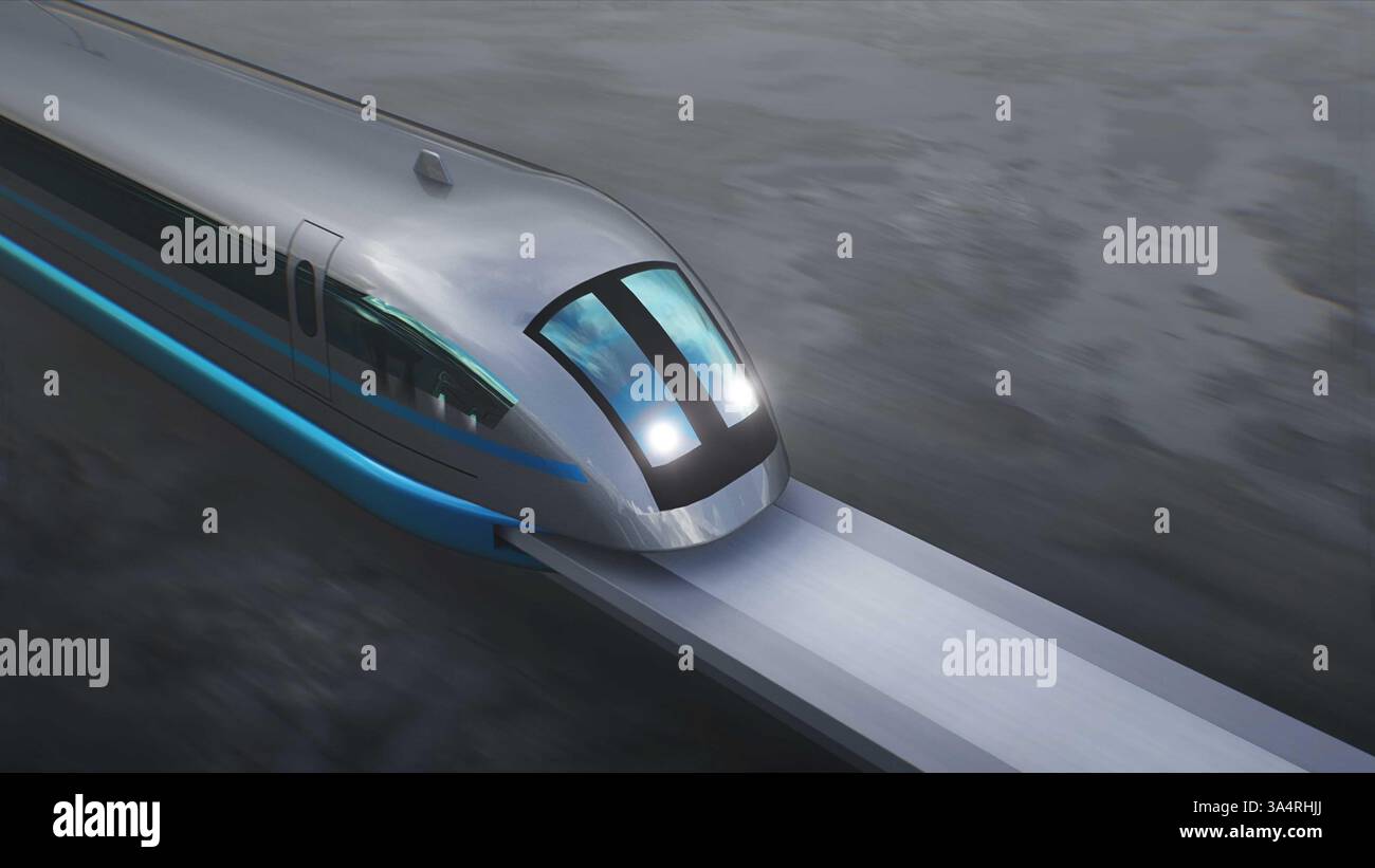 Futuristic train very fast driving on desert stone highway. Futuristic ...