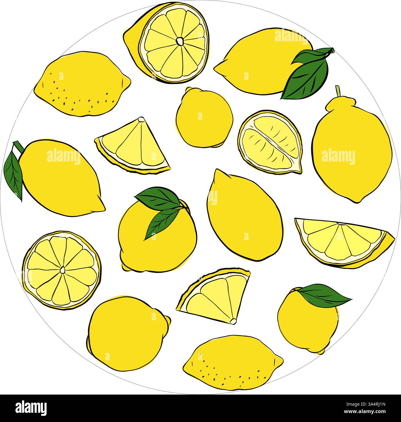 Lemon slice and whole with green leaves circle round composition ...