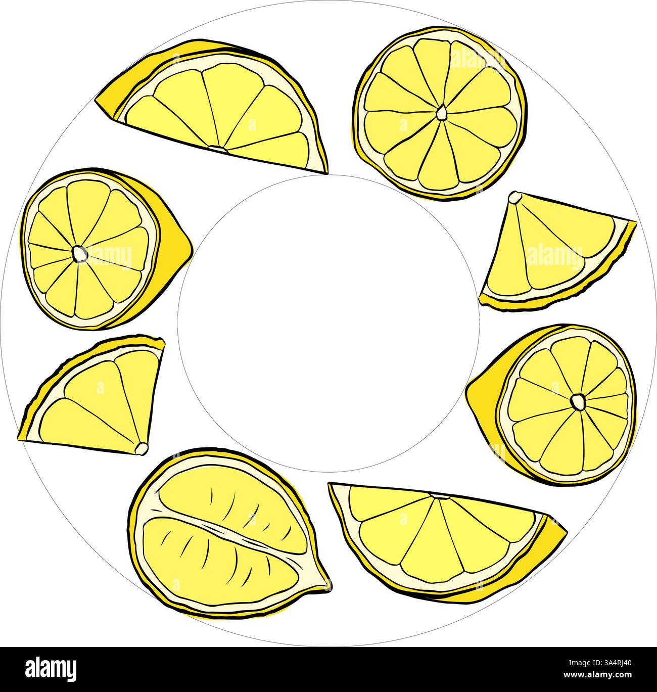 Lemon circle round frame vector drawing. Citrus fruit circle label template. Hand drawn summer ...