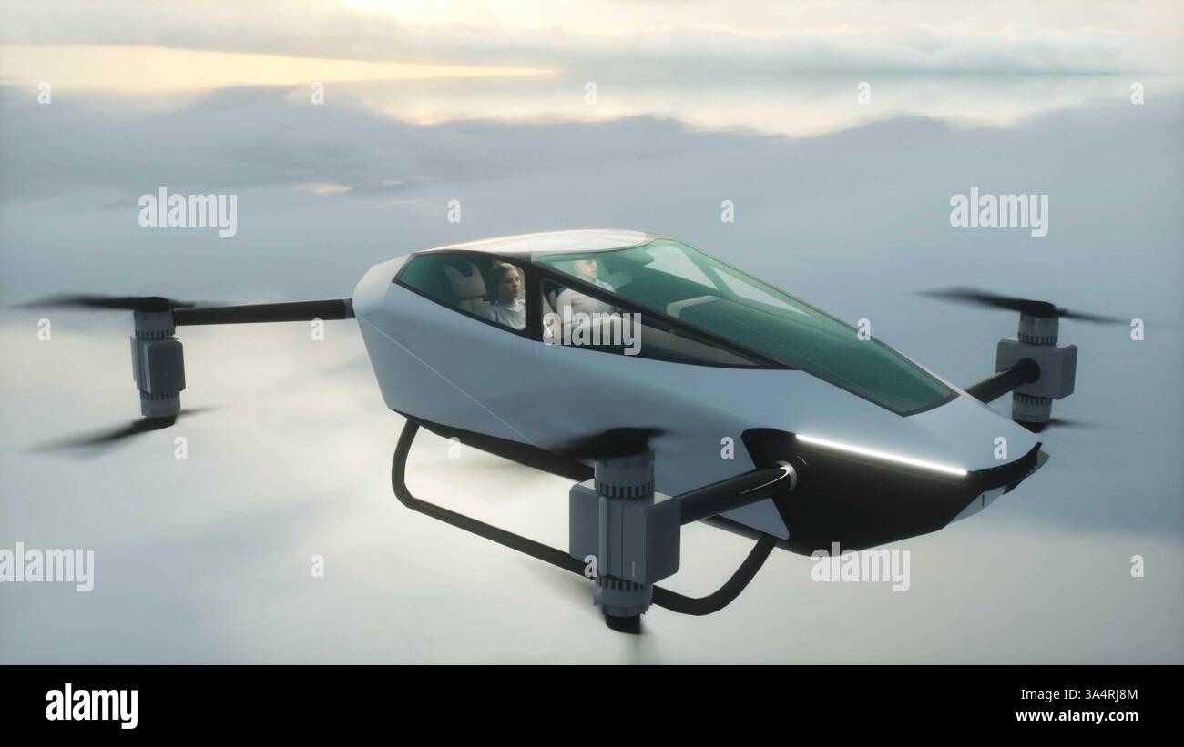 flying copter car, drone with people. future concept. 3d rendering ...