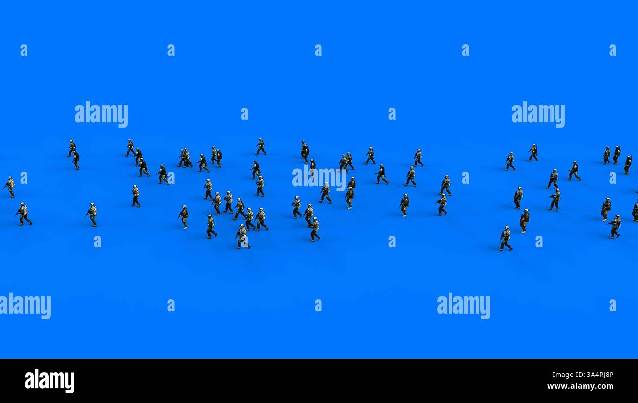 a crowd of walking soldiers with weapons. green screen. War, conflict ...