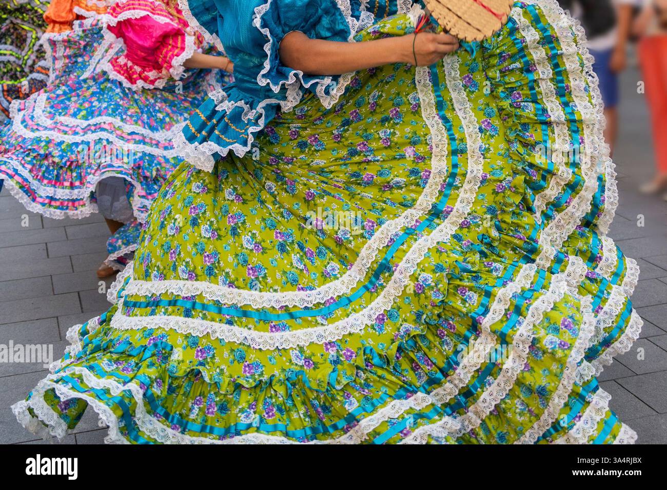 Colorful clothes of traditional Mexican folklore dancers in motion ...