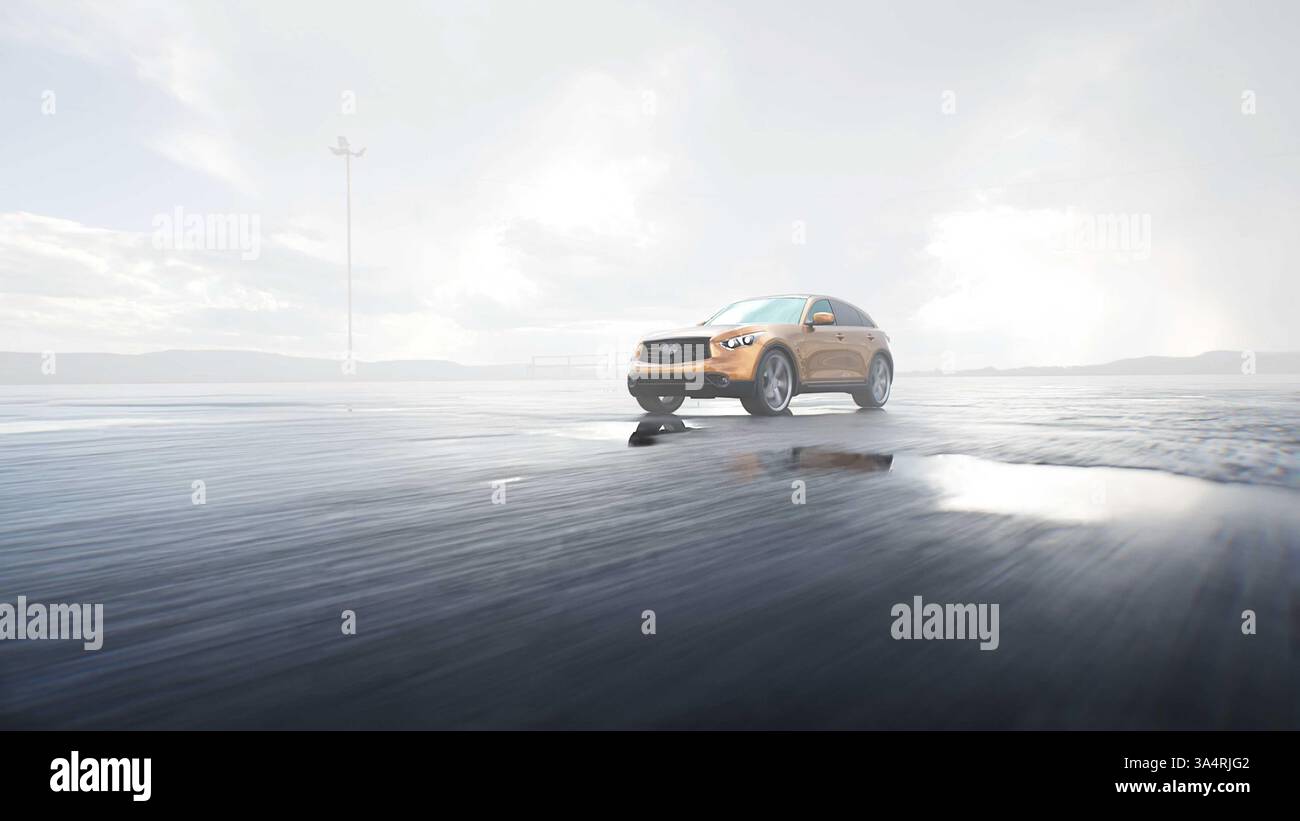 Luxury suv car very fast driving on desert stone highway. Business ...