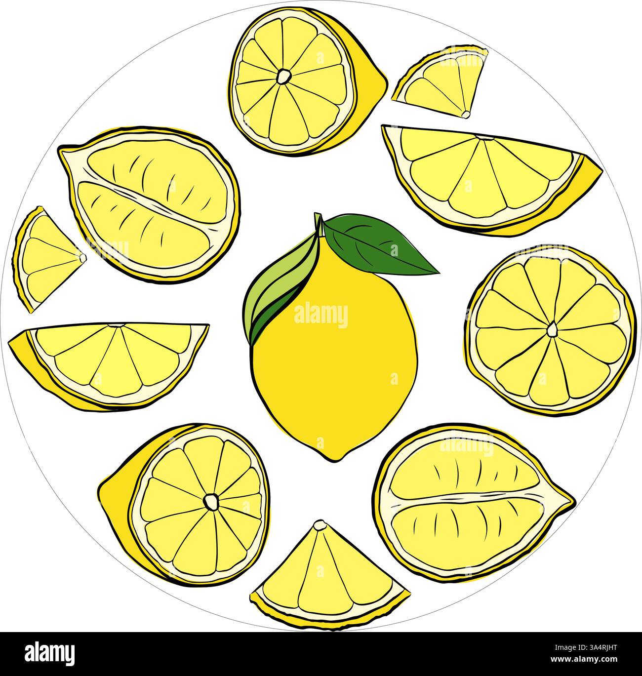 Lemon slices circle round composition. Vector yellow graphic line ink ...