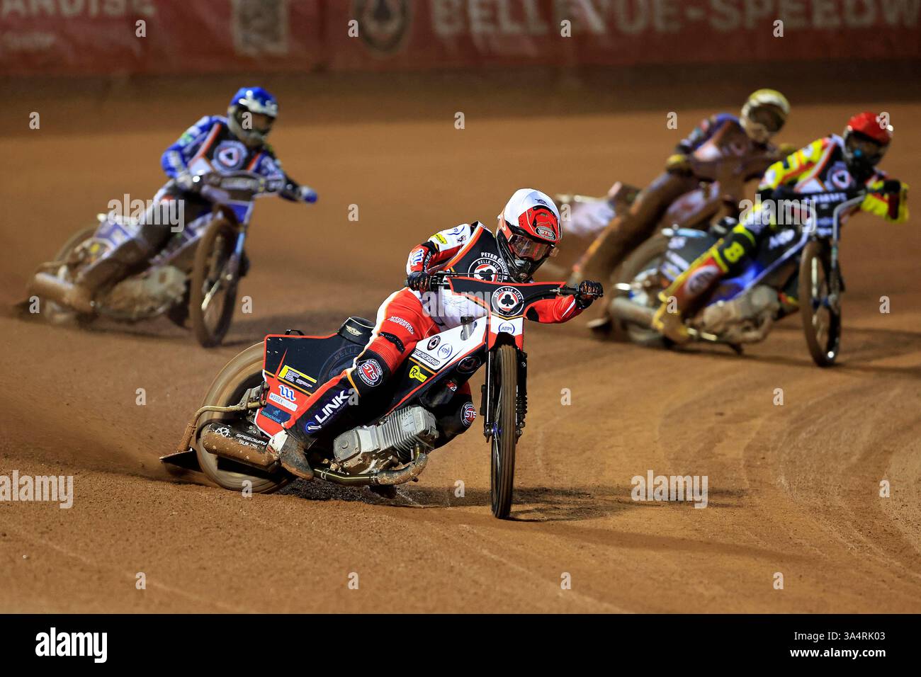 Manchester, UK. 17th Mar, 2025. Zach Cook of Belle Vue Aces leads Matej ...