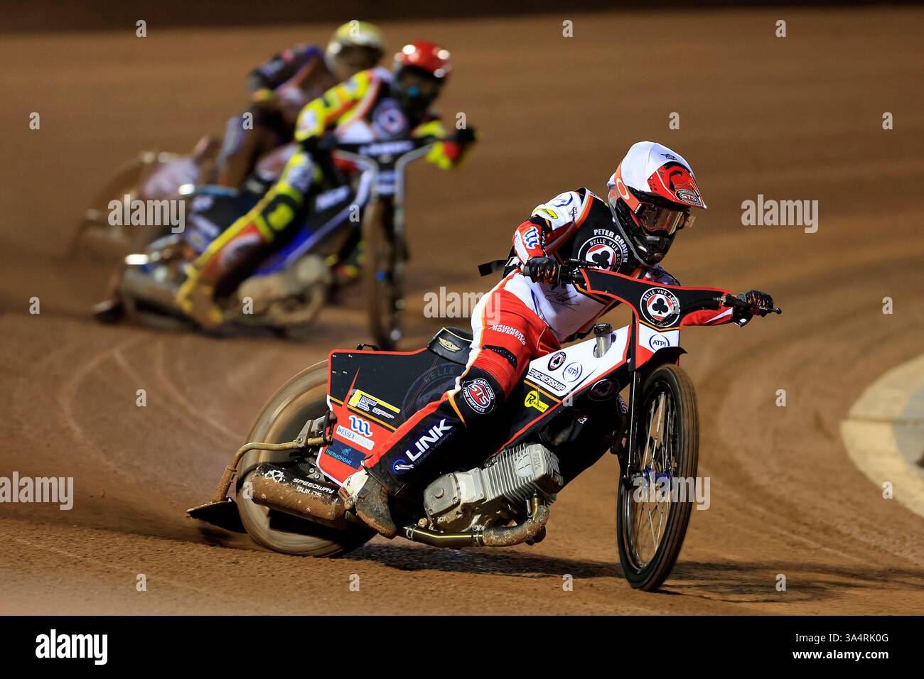 Zach Cook of Belle Vue Aces leads Matej Zagar of Birmingham Brummies ...