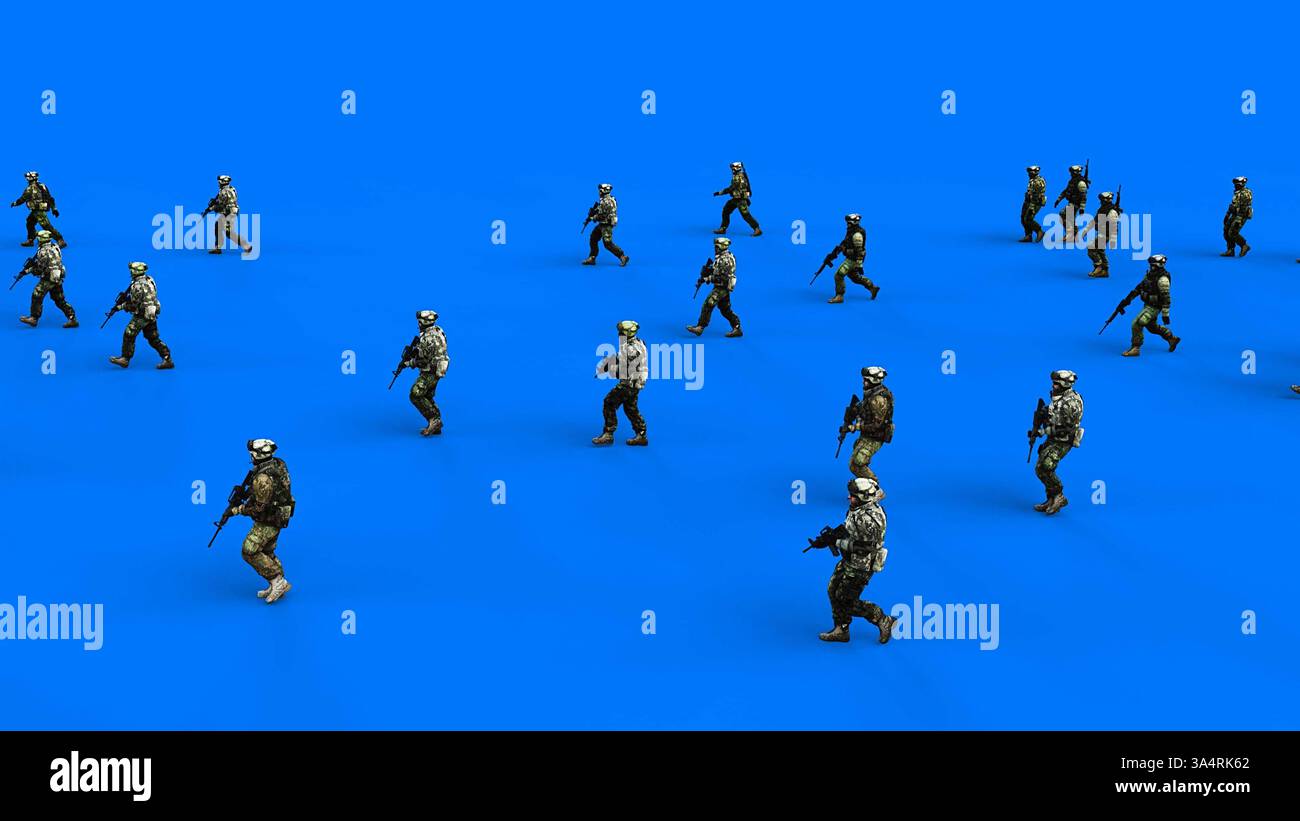 a crowd of walking soldiers with weapons. green screen. War, conflict ...