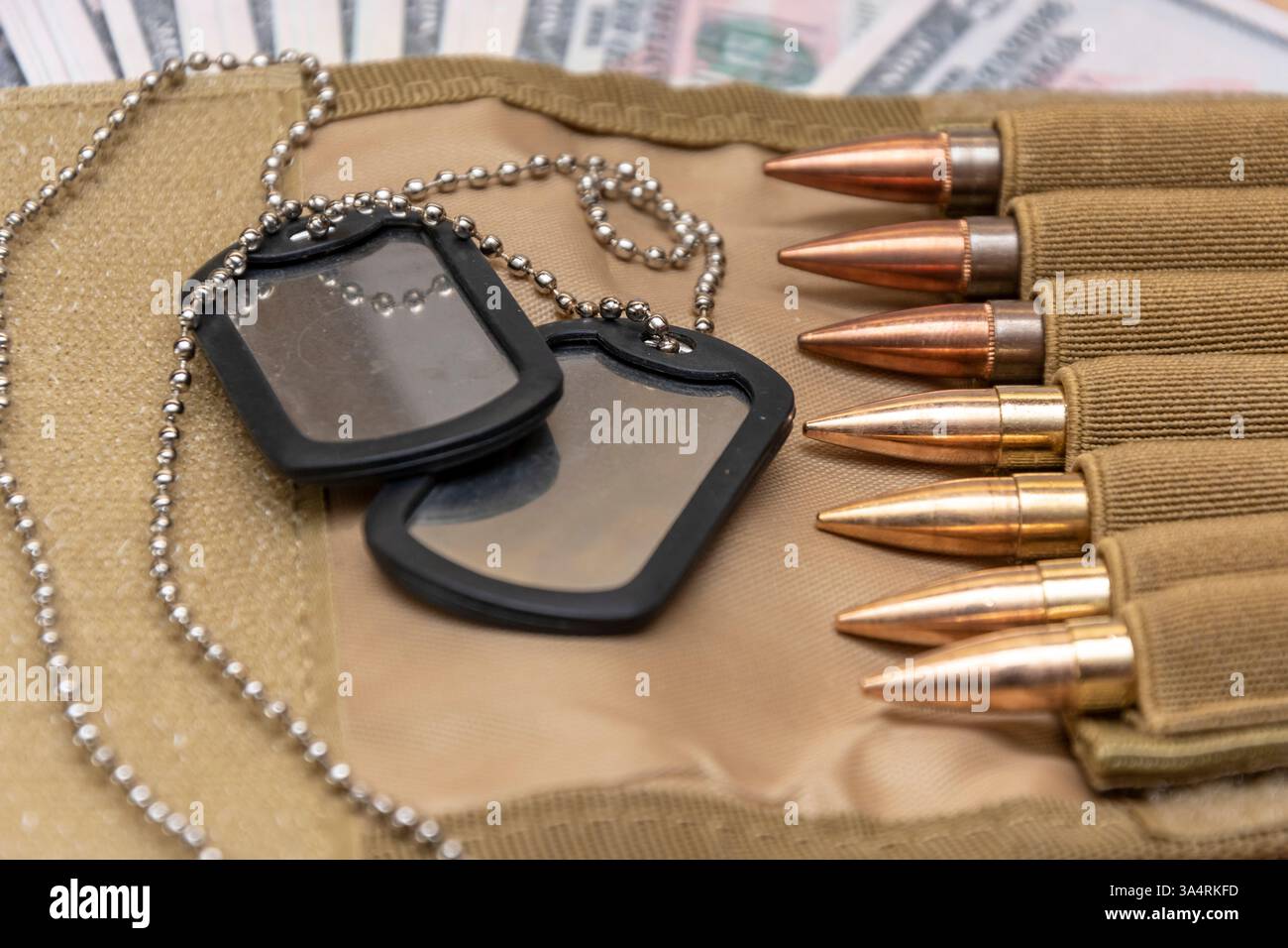 A tactical pouch with ammunition, army badges and cash dollars ...