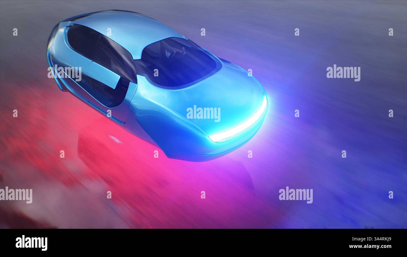 Futuristic flying car very fast driving on desert stone highway ...