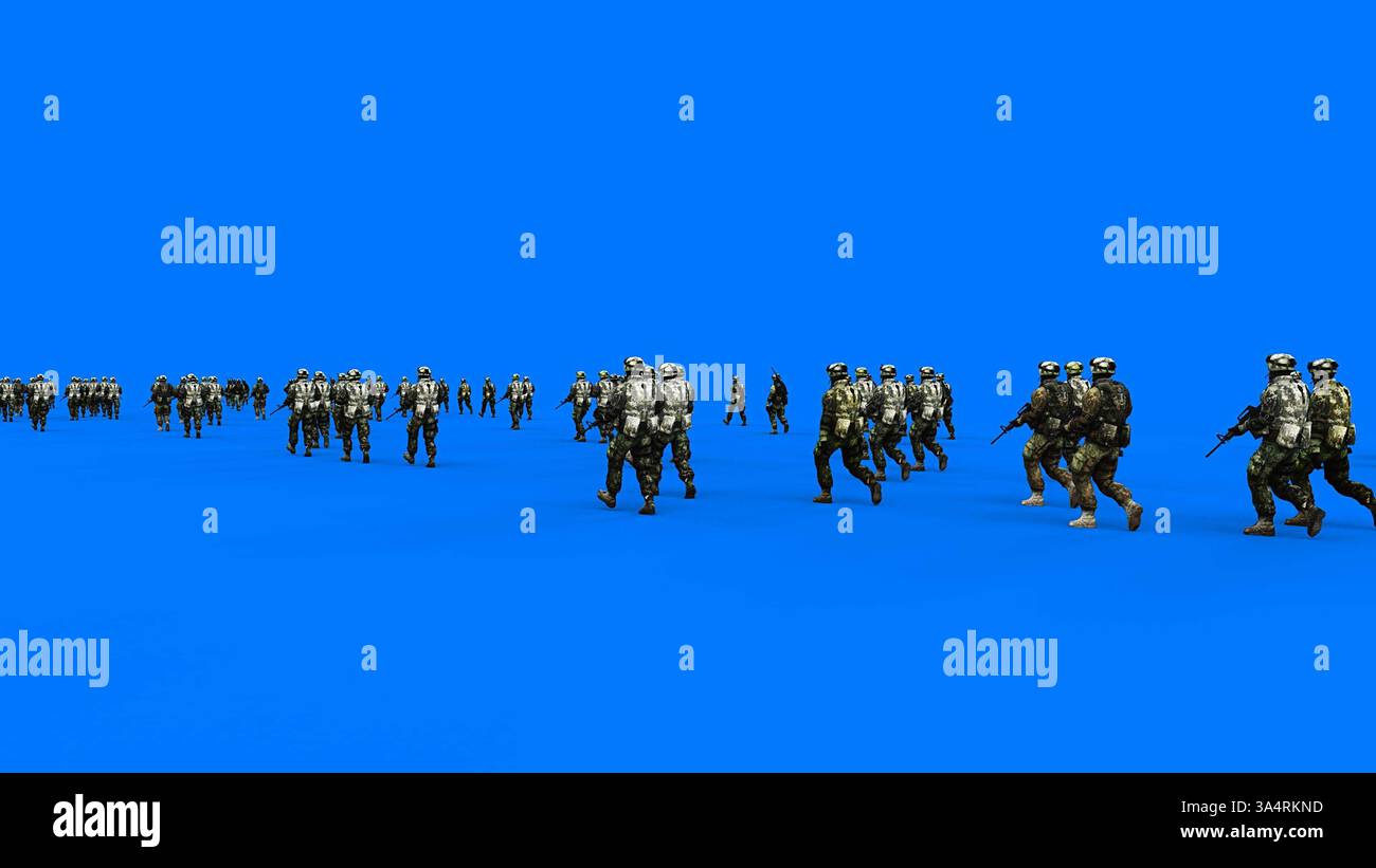 a crowd of walking soldiers with weapons. green screen. War, conflict ...