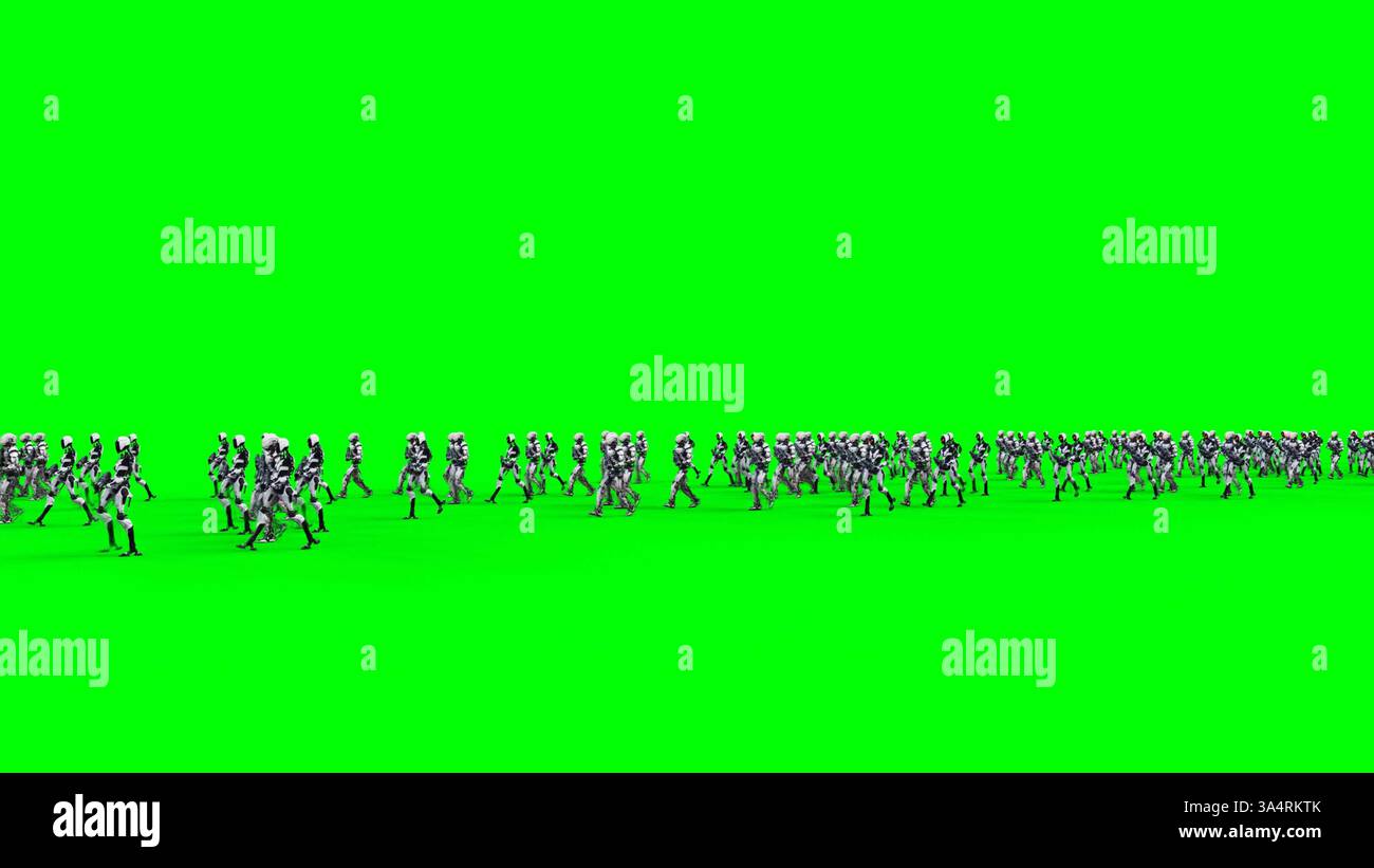 a crowd of walking robots with weapons. green screen.3d rendering Stock Photo - Alamy
