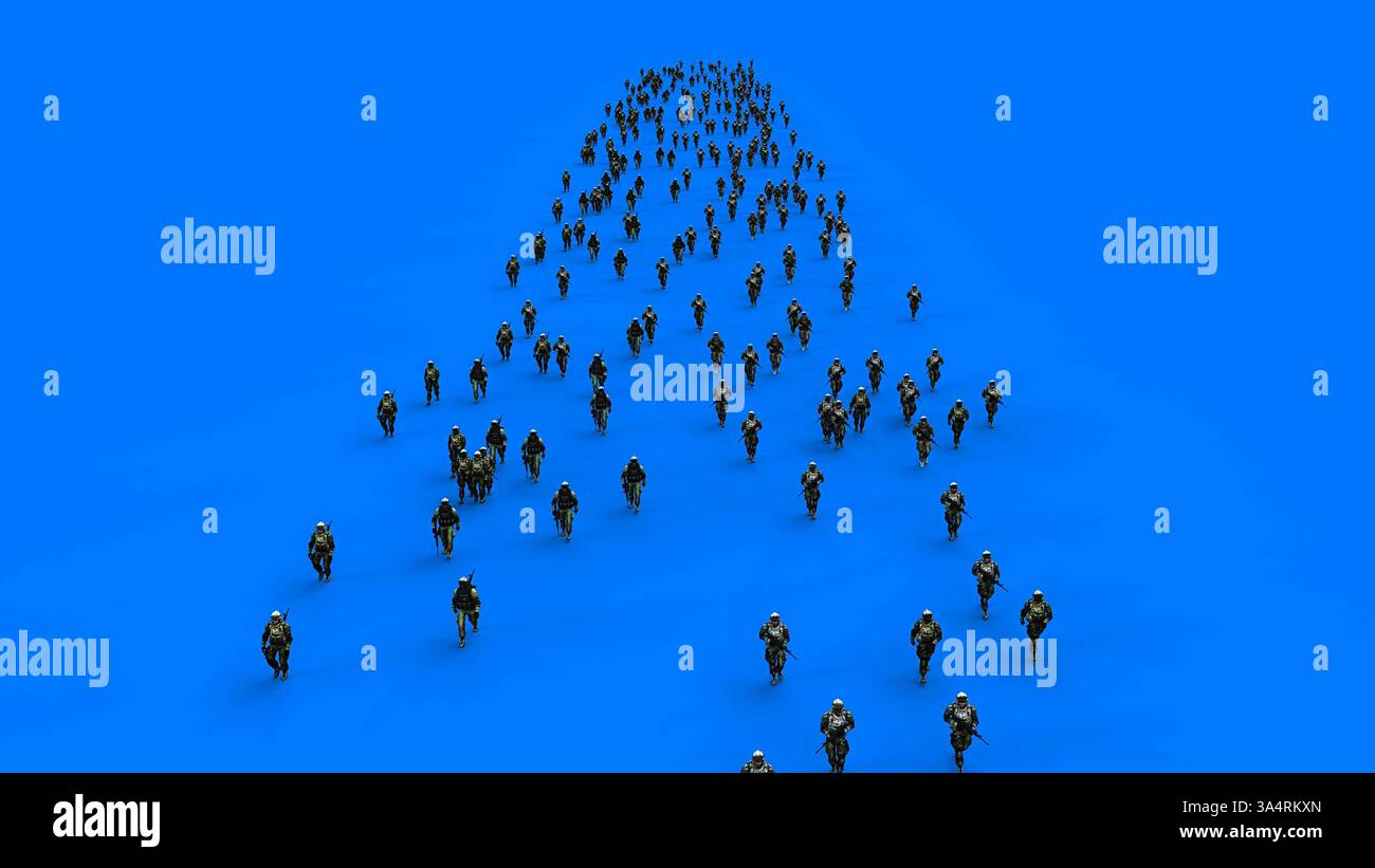 a crowd of walking soldiers with weapons. green screen. War, conflict ...