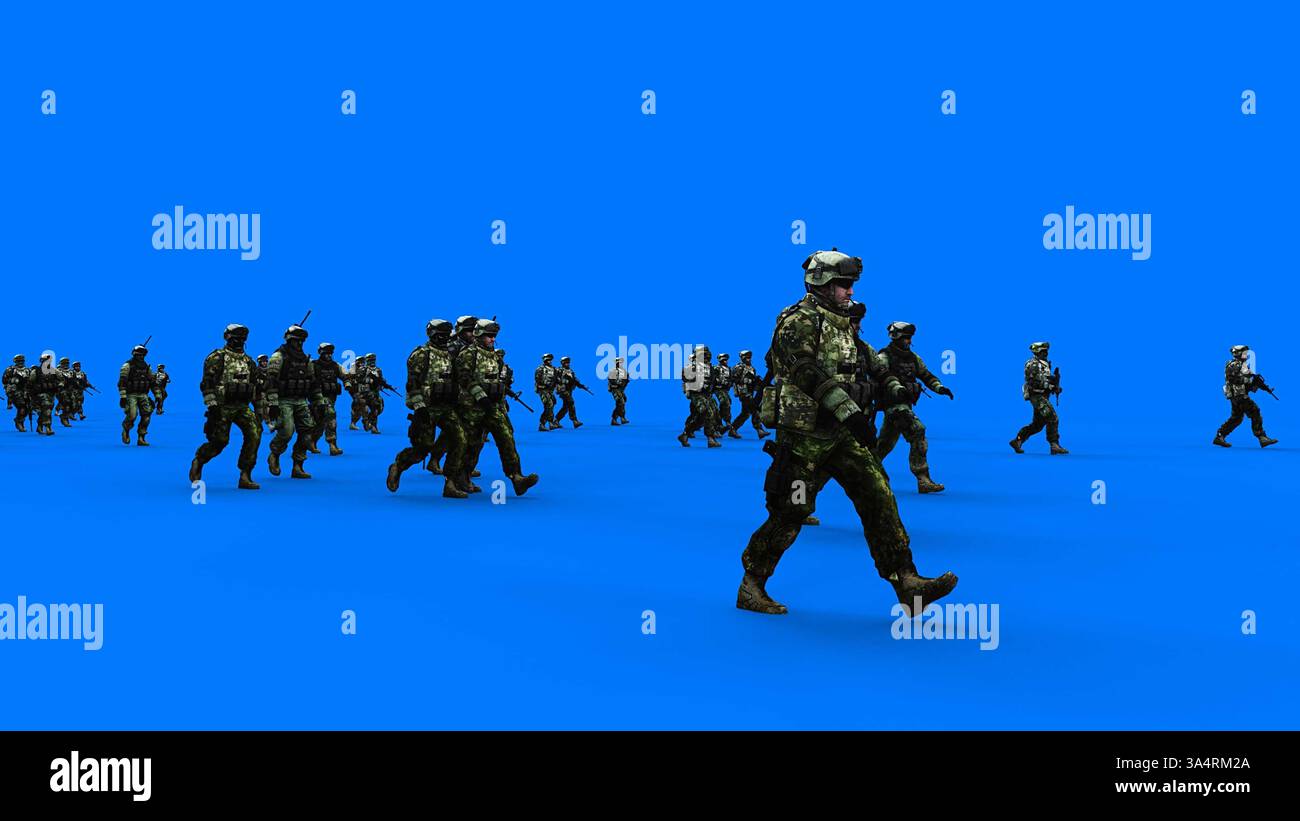 a crowd of walking soldiers with weapons. green screen. War, conflict ...