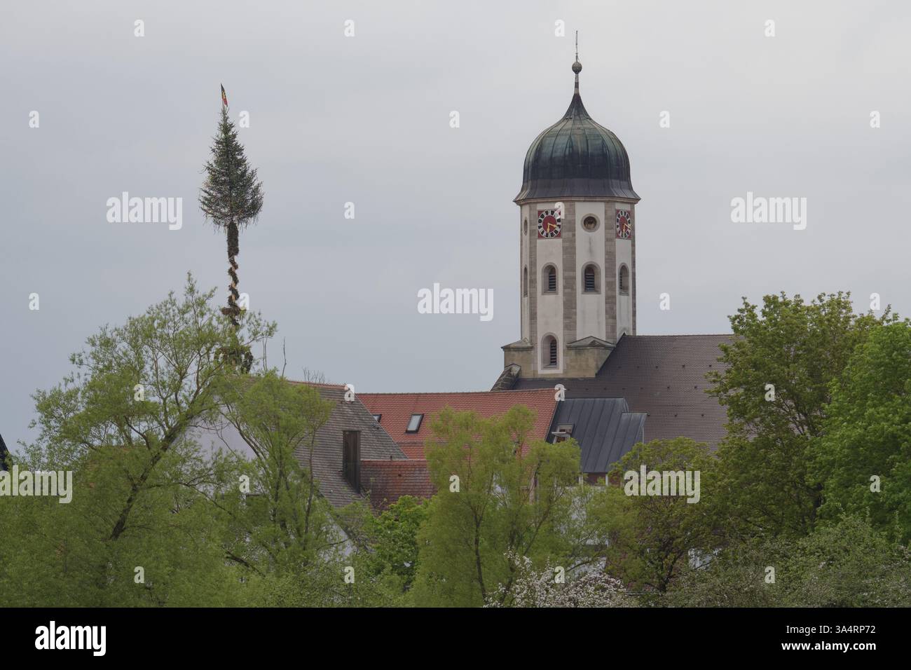 Maypole and church tower in Buehlertann, Buehler, Buehlertann, Germany ...
