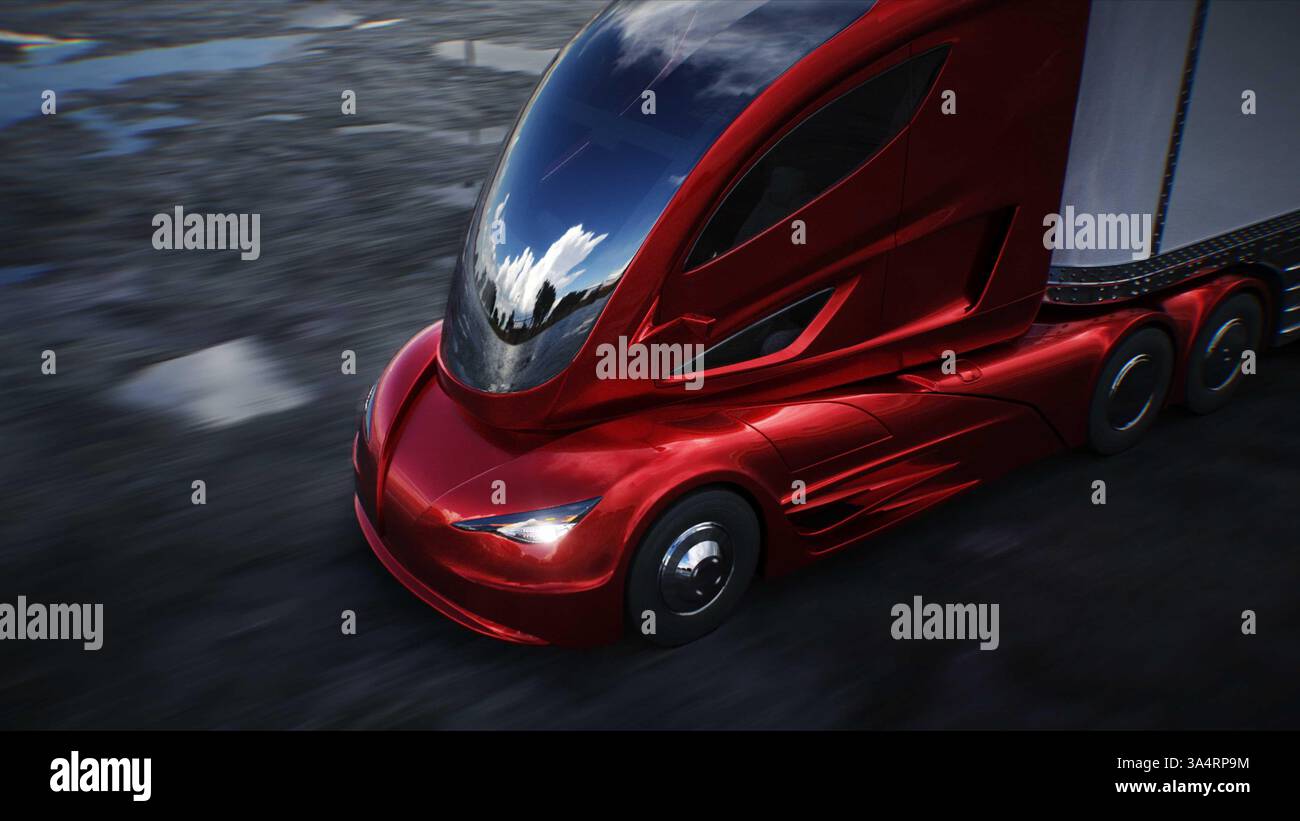 Futuristic electric cargo semi truck very fast driving on desert stone ...