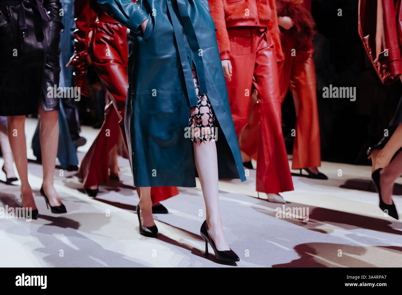 Blue black red leather outfits on female figures, fancy stylish fashion ...