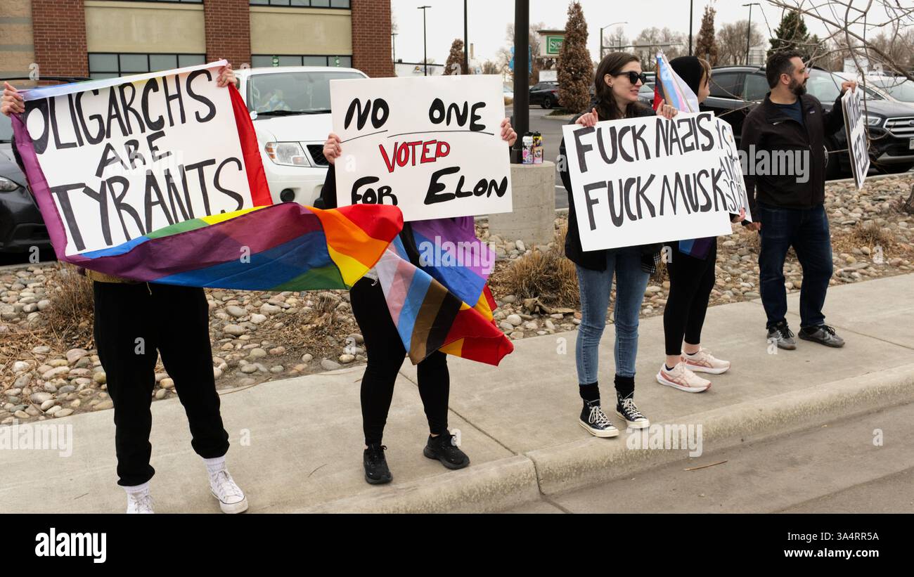 Colorado protests in Loveland Colorado with signs Stock Photo - Alamy