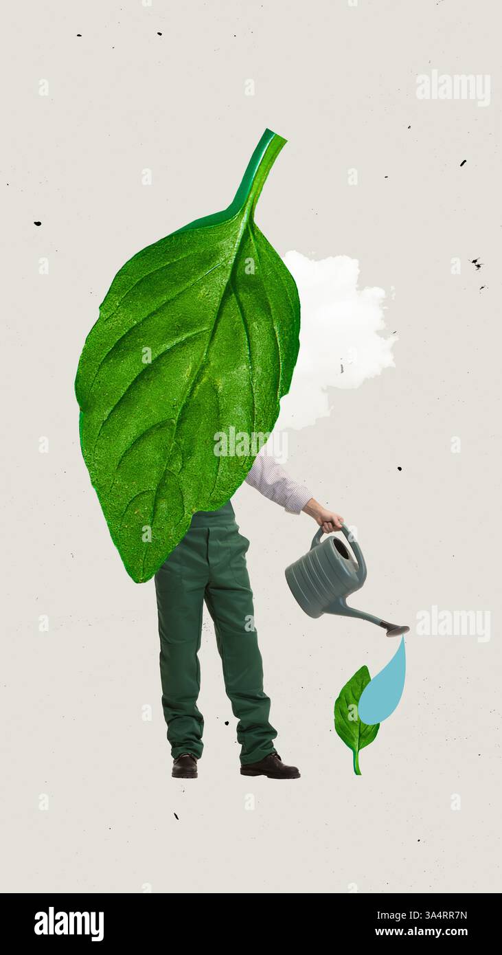Contemporary art collage. Farmer with basil leaf head watering growing ...