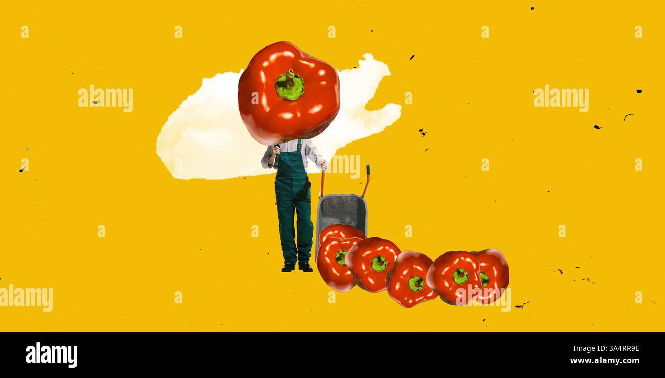Contemporary art collage. Farmer with bell pepper head standing beside ...