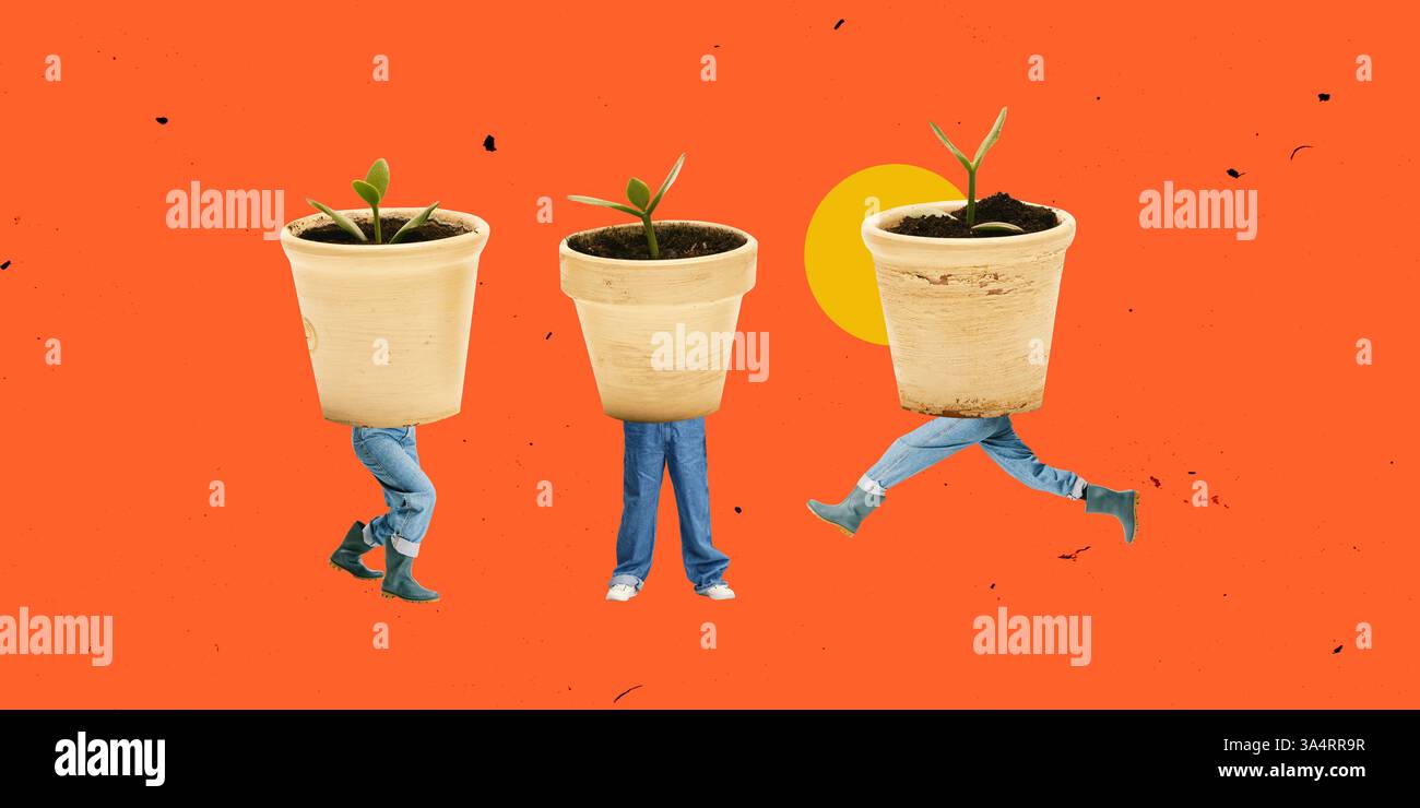 Contemporary art collage. Three figures with plant pot heads running ...