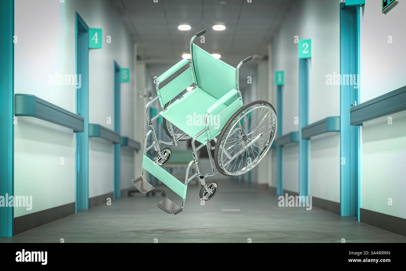 Turquoise wheelchair floating in hospital corridor 3d Stock Photo - Alamy