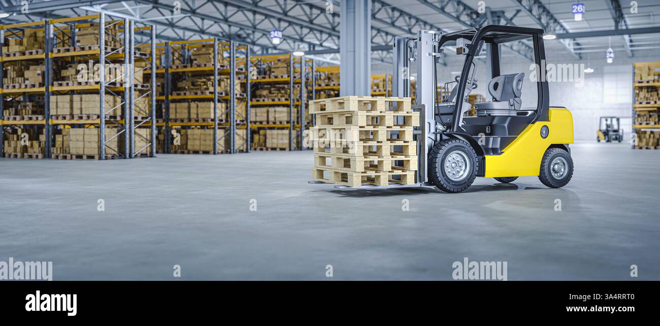Forklift carrying wooden pallets in large distribution warehouse 3d ...