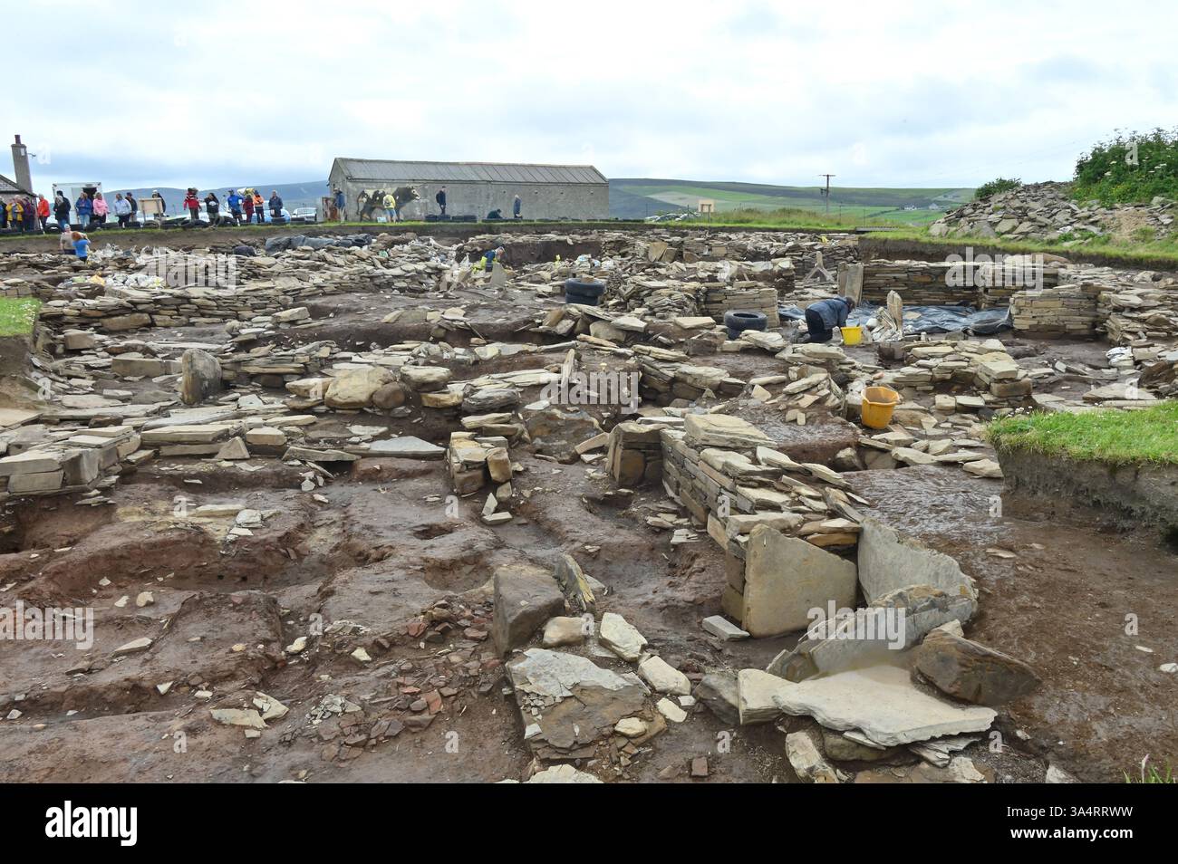 Tour group of visitors watching archeologists at work Ness of Brodgar ...