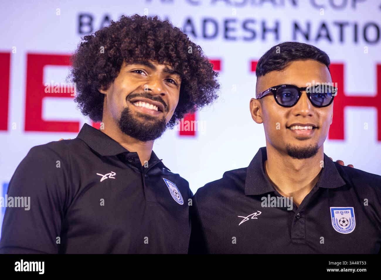 Hamza Choudhury and Captain Jamal Bhuiyan pose for pictures during his ...